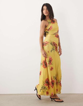 Asos robe longue en tulle &agrave; col halter carr&eacute; avec fronces asym&eacute;triques, imprim&eacute; floral jaune et rouge-Multi