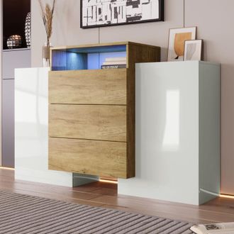 STILVORA Buffet et Enfilade avec 2 Portes, 3 Tiroirs et LED Multicolore, Blanc Brillant et Bois, en MDF, 140&times;30&times;77,5 cm