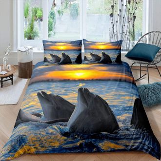 Generic Bettw&auml;sche 135x200 Delfin Bettw&auml;sche Sets Unterwassertiere Bettenset 3D Druck Weich Microfaser Kinderbettw&auml;sche mit Rei&szlig;veschluss und 2 Kissenbezug f&uuml;