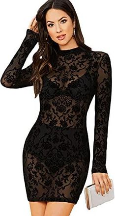 Floerns Womens See Through Mock Neck Long Sleeve Party Bodycon Mini Dress Black XL