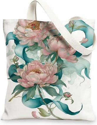 Generic Sacs fourre-tout en toile florale, sacs à provisions réutilisables, élégants et légers, lavables avec bandoulière, blanc, 13x15 Inch