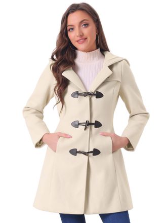Allegra K Damen Wintermantel Mitte Oberschenkel Kapuze Toggle Duffle Long Coat, Beige, XS