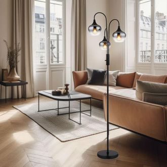 Globo Lighting Globo Lighting - Lampadaire verre fum&eacute; lampe de salon debout fum&eacute;e lampe &agrave; arc fum&eacute;e noire, m&eacute;tal, 3x E27 douille, DxH 43x165 cm
