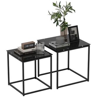 HOMCOM Beistelltisch 2er-Set, Couchtisch-Set, Kaffeetisch mit Tischplatte aus Verst&auml;rktem Glas, Quadratischer Sofatisch Satztisch f&uuml;r Schlafzimmer, Wohnzimme