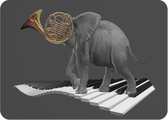 Fabulous Platzsets mit Unterseite aus Kork, schwarz, Elefant, Pianist und Cornist, Collage Kunst, Surrealismus, groß, 39,5 x 28,5 cm, 4 Stück