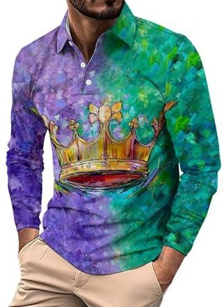 Generic Chemise &agrave; manches longues pour homme - Masque de carnaval - Imprim&eacute; plumes - Manches longues - Col 1/4 bouton - Pour f&ecirc;tes r&eacute;tro et occasions festives