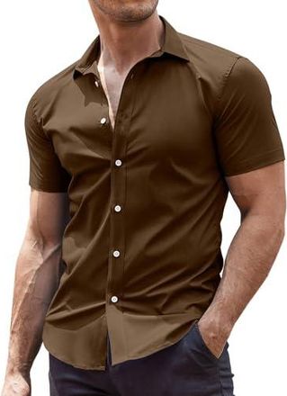 Coofandy Chemise dété à manches courtes pour homme - Manches courtes - Stretch - Tailles XS à 4XL, marron, XXL