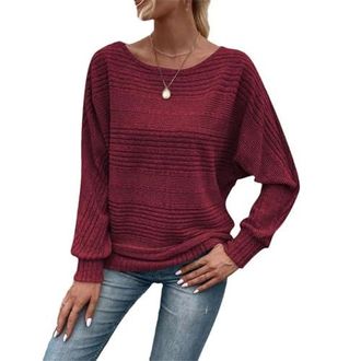 Generic Femmes Doux Solide Batwing Casual Col Rond Pull Haut Manches Longues Haut Business Casual Blousesfall Fashion, Rouge, XXL