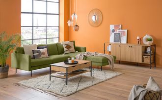 M&oslash;rteens home24 Ecksofa mit Longchair Gr&uuml;n Cordstoff Licia 262 x 82 x 156cm Longchair davorstehend rechts Skandi