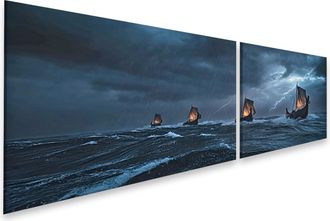 Islandburner Bild auf Leinwand Wikinger Boote im Sturm auf offener See f&uuml;r Wohnzimmer Abenteurer Reiseb&uuml;ro Bilder Wandbilder Poster