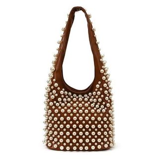 Generic Sac &agrave; main en cuir synth&eacute;tique avec rivets pour femme et fille, sac fourre-tout &agrave; perles pour voyage, shopping, travail, usage quotidien, marron clair