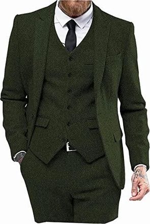 Solovedress Costume classique en tweed pour homme - 3 pièces - Pour mariage (lazer + gilet + pantalon), Vert armée., L