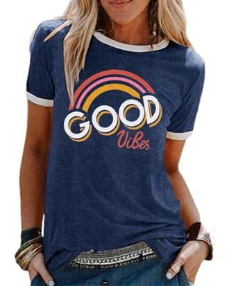 Heekpek T-Shirt Femme &Eacute;t&eacute; Chemisier Chic T-Shirts Blouse Col Rond Tops Manches Courtes T Shirt Grande Taille Coton T Shirt Imprim&eacute;, V Bleu Marine, L