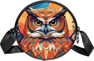 Generic Sac &agrave; bandouli&egrave;re rond pour femme, motif hibou color&eacute; avec fermeture &eacute;clair, bretelles r&eacute;glables, sac &agrave; main rond d&eacute;contract&eacute; pour femmes et filles