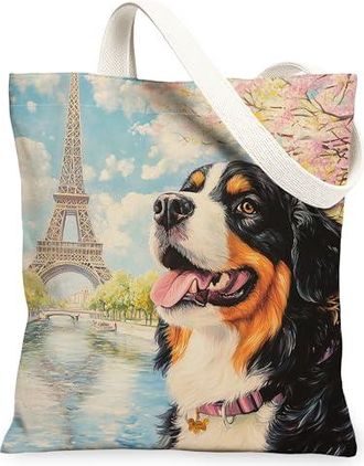 Generic Sac fourre-tout en toile motif chien de montagne bernois printanier 33 x 38,1 cm, tour romantique, sac d&eacute;picerie r&eacute;utilisable pour femme, animal domes