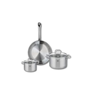Fackelmann ELO 9692850 Batterie de cuisine 3 pièces, Ensemble de 1 Poêle de cuisson 24 cm et 2 faitouts 12 et 16 cm Elo Profi Citrin, inox, induction