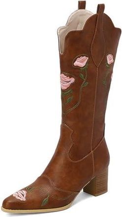 Generic Bottes &agrave; bout pointu &agrave; talon &eacute;pais et coupe en V pour femme avec broderie florale d&eacute;contract&eacute;e cowgirl chaussures, marron, 37.5 EU