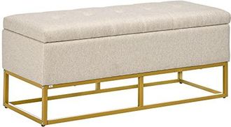 HOMCOM Banc de Rangement, Bout de lit, Coffre de Rangement avec Assise capitonnée et Pieds en Acier, 110 x 44 x 48 cm, Beige et doré