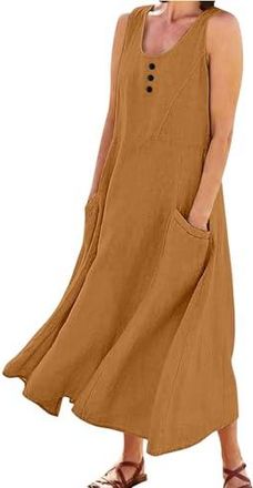 Generic Robes pour femme - Couleur unie - Col rond - Poches latérales - Longue robe débardeur décontractée pour le quotidien, les vacances, le camping, la ran