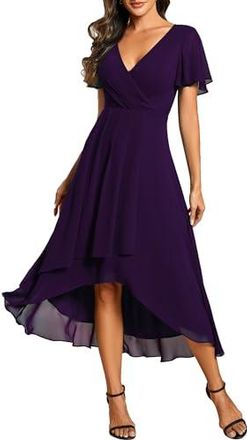 Ever-pretty Robe Soirée Voilet Foncé 34 - Femme Adulte pour occasions spéciales - Robe de soirée - Taille 34 - Col V - Manche courte - Dos en V - Mousseline - Uni