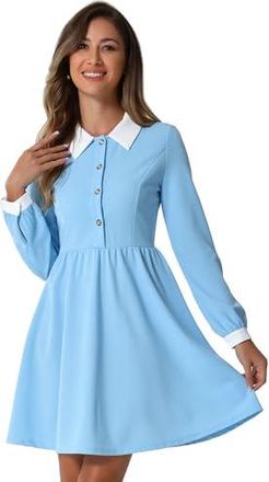Allegra K Robe Courte trapèze à Manches Longues avec col Claudine Vintage pour Femmes Bleu Clair S