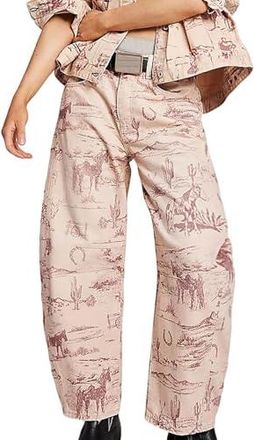 Generic Jean &agrave; jambe large pour femme - Imprim&eacute; floral - Jean extensible taille mi-haute - Pantalon baggy en denim - Pantalon patchwork Y2K - Coupe ample - Ja