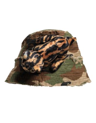 Dolce & Gabbana Mens Multicolor Leopard Embellish Wide Brim Bucket Hat Cotton Elastane