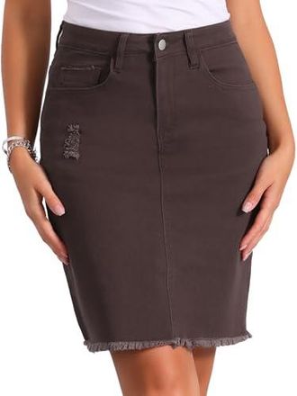 Allegra K Jupe en Jean d&eacute;lav&eacute;e &agrave; Taille Haute avec Ourlet d&eacute;chir&eacute; Basique pour femmeMarron M