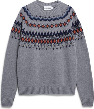 Armedangels Herren Pullover aus recyclem Bio-Woll Mix KAALLA FAIR ISLE Regular Fit Silver Melange-Dusty Orange