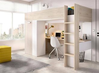 Dmora Schlafzimmer Focoletta, Komplettes Schlafzimmer, Kinderzimmer, Loft-Bett Kit, 206x111 h178 cm, Wei&szlig; und Eiche