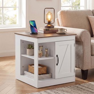 Giantex Nachttisch mit Ladestation, Beistelltisch Holz mit Schrank, offenen F&auml;chern, verstellbarem Regal, Griff, Nachtschrank f&uuml;r Wohnzimmer, Schlafzimmer (We