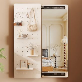 Generic Spiegel in Voller Länge - Versteckter Schieberspiegel mit Lagerregal und Haken - Perforated Storage Board DIY Speicherplatz Einzigartiges Design - Mul