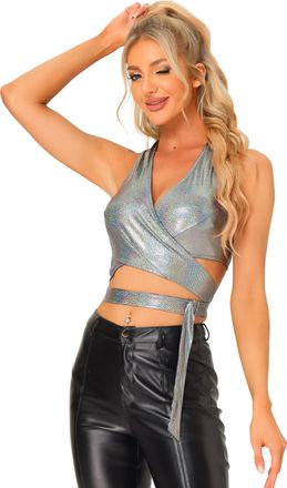 Allegra K Damen Crop Top V-Ausschnitt Metallic Neckholder R&uuml;ckenfrei Holographic Oberteile Schwarz Silber M