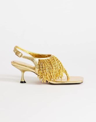 Topshop Night - Sandales &agrave; talon et entredoigt orn&eacute;es de perles - Dor&eacute;