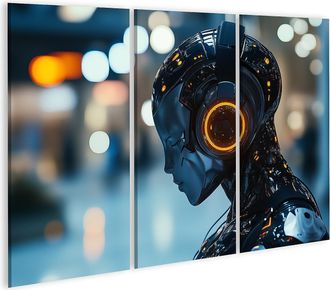 Islandburner Bild auf Leinwand Roboter mit leuchtendem Kopfhörer in der Stadt Bilder Wandbilder Poster
