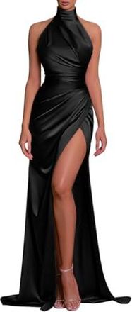 Minetom Robe Longue en Satin Femme &Eacute;l&eacute;gante Col Licou sans Manches Cocktail C&eacute;r&eacute;monie Mariage Soir&eacute;e Maxi Dress A Noir M