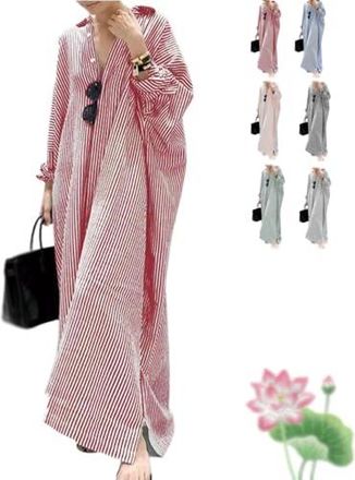 Generic Robe chemise boutonnée pour femme, robe longue rayée à manches longues en coton avec poches, coupe ample et décontractée, Rouge, L