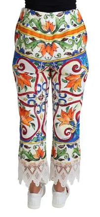 Dolce & Gabbana Womens Multicolor Majolica Print Trouser Cotton Pants Silk Rayon Polyester
