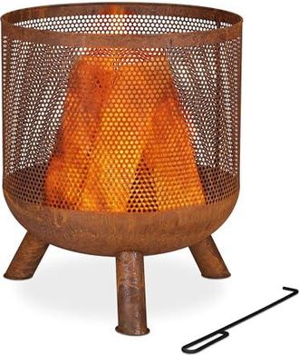 Relaxdays Feuerkorb, Mesh Design, Rostoptik, Feuerrost, Sch&uuml;rhaken, HxD: 53 x 44 cm, Garten Feuertonne, Stahl, braun