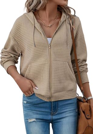 Dokotoo Sweatjacke Damen Kapuzenjacke Oversize Hoody mit Kapuze Rei&szlig;verschluss Waffel Kapuzenpullover Sweatshirt Jacke Herbst Winter Sportjacke Trainingsjacke