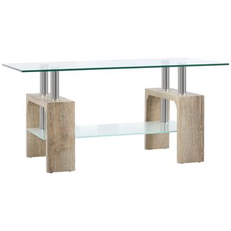 HOMCOM Rechteckiger Couchtisch Rechteckiger Couchtisch Wohnzimmer Beistelltisch mit 2 Ablagen aus geh&auml;rtetem Glas Edelstahlrahmen und Holzbeine Moderner Stil