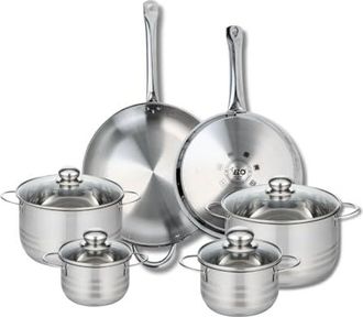 Fackelmann ELO 9884350 Batterie de cuisine 6 pièces, Ensemble de 2 Poêles de cuisson 28 et 32 cm et 4 faitouts 14, 16, 20 et 24 cm Elo Profi Brillant, inox, indu