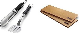 Weber 6645 Original Portable 2-Piece Stainless Steel Tool Set & 17522 - Zeder, Holz, brauner Rauchblock, 30 x 15 x 1 cm