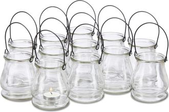 Relaxdays Windlicht aus Glas, 12er Set, runde Glasvase mit Henkel, Tischdeko für Drinnen u. Draußen, 10 cm hoch, klar, Standard