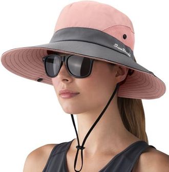 Dreshow Femme Soleil Chapeau lextérieur UV Protection Pliable Large Bord Pêche à Cheval Queue Chapeau UPF 50+ avec Lunettes