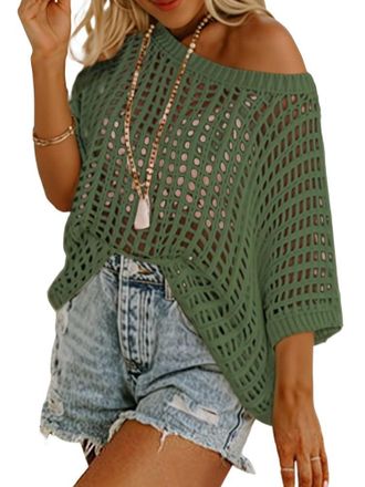 Onsoyours Damen Kurzarm Sexy Hollow Out Strickpullover Crochet Crop Top Pullover Streetwear Fr&uuml;hling Sommer Strickpullover Rundhalsausschnitt Crochet Sexy Tops 
