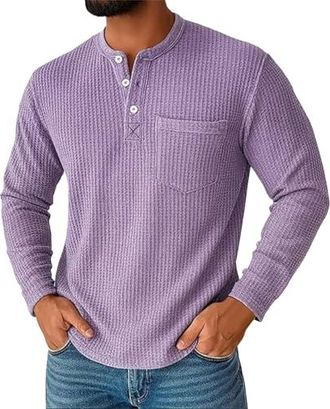 Generic Chemise Henley avec poches pour homme - T-shirt &agrave; manches longues - Coupe r&eacute;guli&egrave;re - Col rond - Avec bouton - T-shirt d&eacute;contract&eacute; et confortable - Po