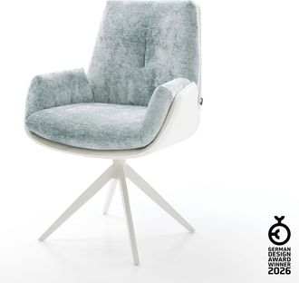 DELIFE Drehstuhl Clea-Flex Materialmix Echtleder Wei&szlig;-Pastellblau Kreuzgestell breit Wei&szlig; 360&deg; drehbar Wippfunktion, Esszimmerst&uuml;hle