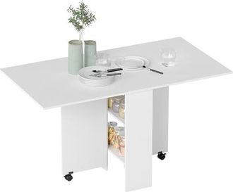 HOMCOM Table Pliante de Cuisine Salle à Manger Amovible sur roulettes 75L x 140l x 74H cm 2 étagères intégrées en Bois Coloris Blanc