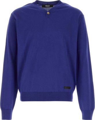 Versace Homme, Pulls, Bleu, Taille: L Pull en maille soie et coton col en V